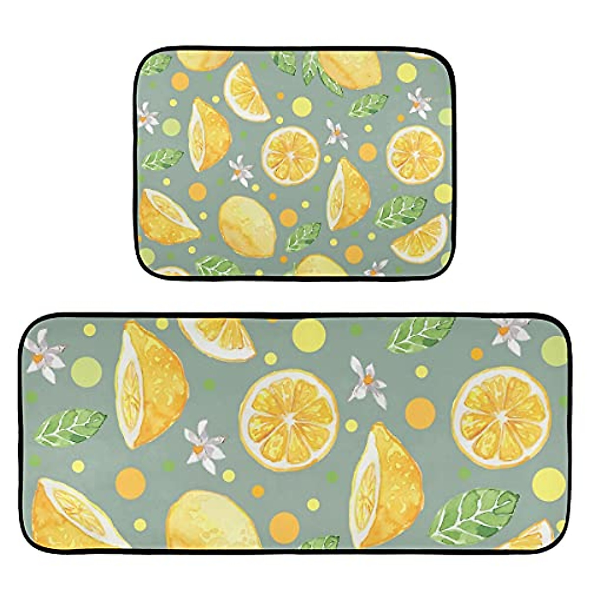 Emelivor Summer Lemon Fruit Floral Kitchen Rugs and Mats Set 2 Piece Non Slip Washable Runner Rug Set of 2 for Kitchen Floor Home Sink Ladunry Office