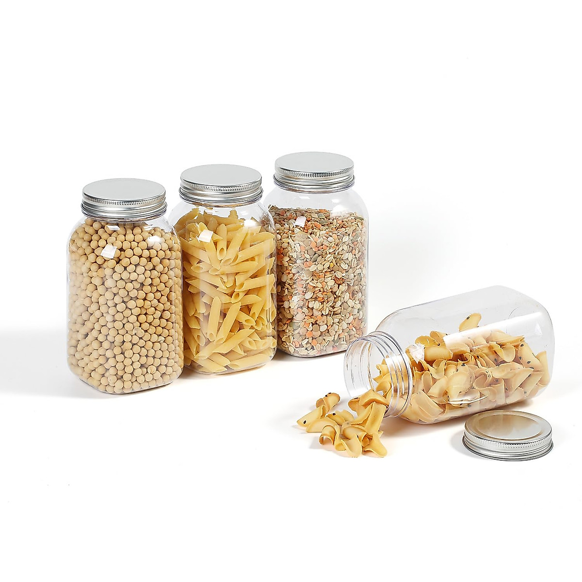 Party Club of America 6 Pack 32OZ Sliver Plastic Jars With Screw On Lids，Plastic Mason Jars Food Storage Container For Storing Dry Food, Candy, Cream,Peanut, Butter