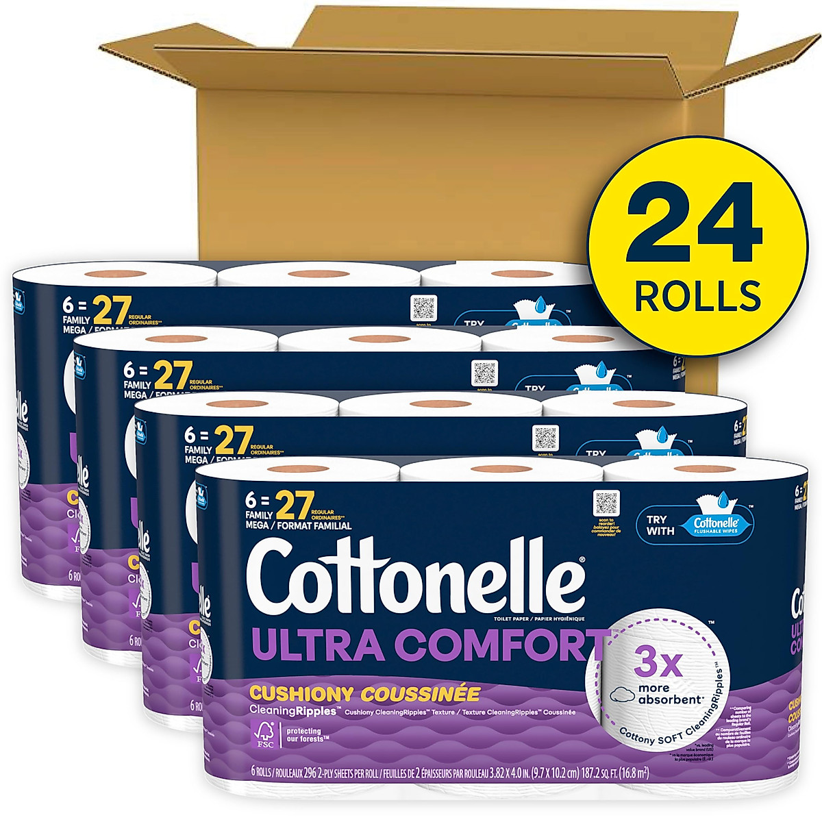 Cottonelle Ultra Comfort Toilet Paper with Cushiony CleaningRipples Texture, Strong Bath Tissue, 24 Family Mega Rolls (24 Family Mega Rolls = 108 Regular Rolls) (4 Packs of 6), 296 Sheets per Roll