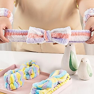 Shindel 6PCS Face Wash Headband Set, Makeup Wash Headbands with Wristbands Coral Fleece Bow Hair Bands for Women Spa Skin Care Yoga