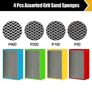 BOSHCRAFT Diamond Hand Polishing Pads, Sanding Block Foam Backing for Tile Marble Glass Stone Granite Ceramics Polishing 50/100/200/400 Grit Wet or Dry Diamond Sanding Pads 4Pack
