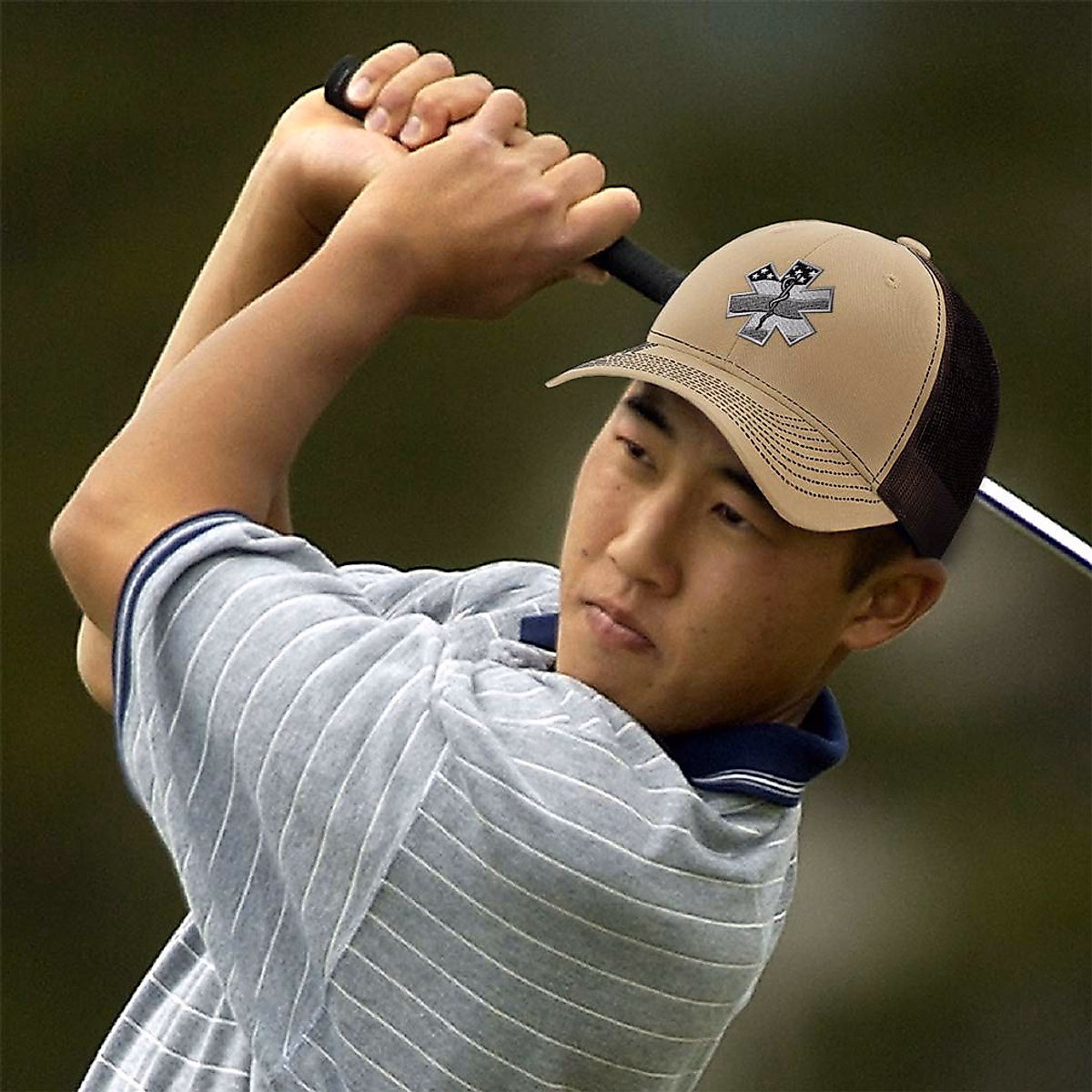 Richardson Structured Mesh Trucker Hat Paramedic A Embroidery Polyester Hat Snaps Heather Gray/Black One Size