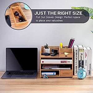 Bamboo Desktop Organizer | Home Office Bamboo Desk Drawer Organizer - 4 Tier Durable Wood Table Top Storage for Pencils, Notepads, Documents & Office Supplies