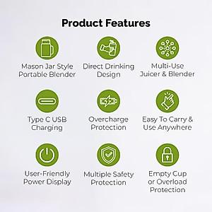 BlendQuik Personal Portable Blender for Smoothies & Shakes, Leakproof & Stylish Design Rechargeable Portable Smoothie Blender On The Go, Mason Jar Blender w/ 10-Blade Blending System 14oz, Light Green