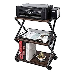 NOZE 3 Tiers Mobile Printer Stand Rolling Printer Cart with Wheels Industrial Machine Storage Shelf Wood and Metal Desk Printer Table for Home Office, Dark Walnut…