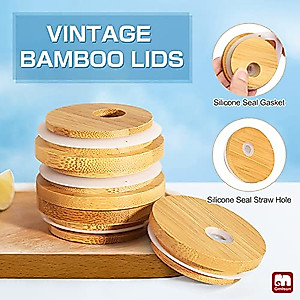 GMISUN Glass Cups with Lids and Straws, Iced Coffee Cups with Lids, Ribbed Glassware, Drinking Glasses with Bamboo Lids, Cocktail Glasses Vintage Glassware 12oz for Cocktail, Gift