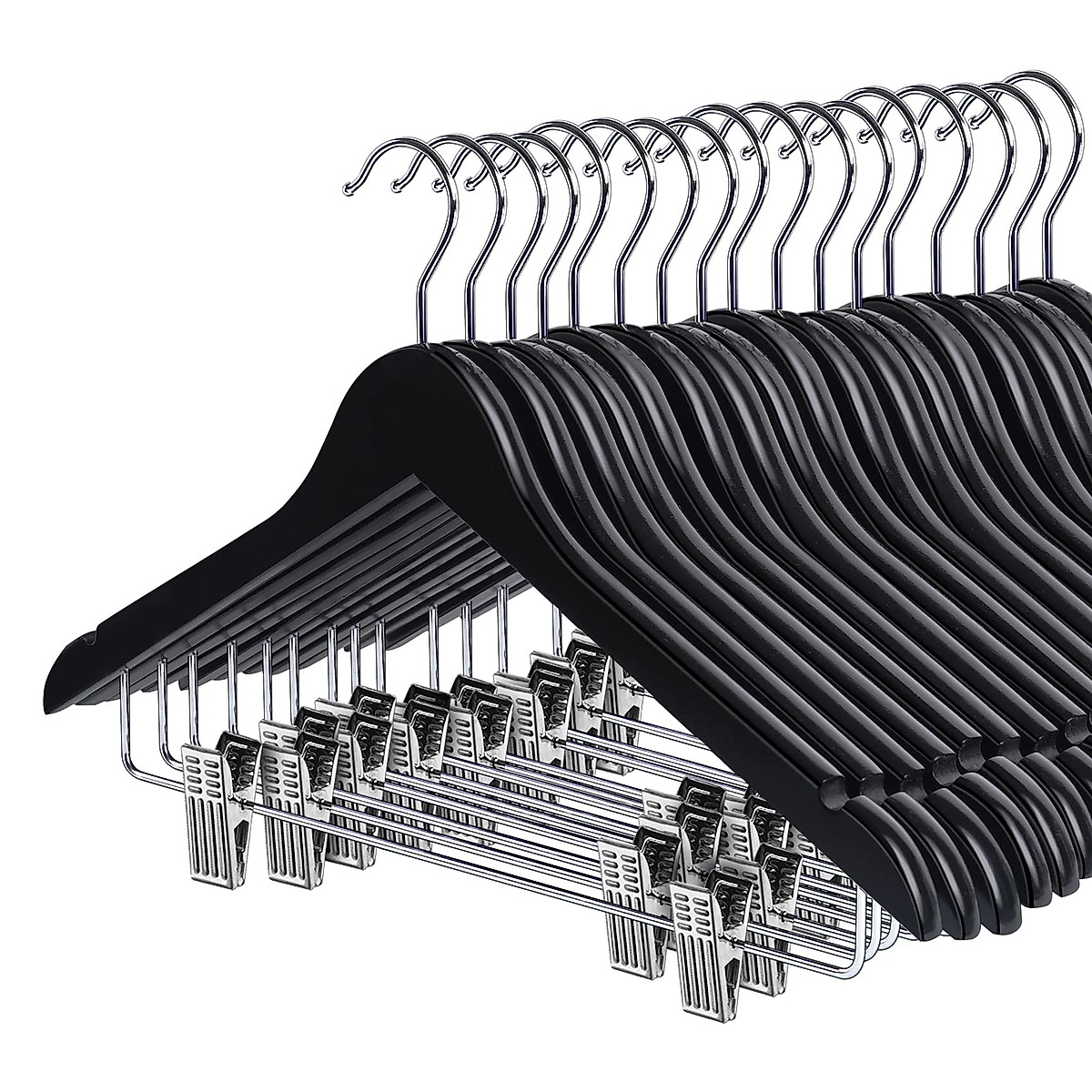 HOUÍSM Wooden Suit Hangers Skirt Hangers with Clips, 16Pack Solid Wood Pants Hangers with Heavy-Duty Clips, Premium Smooth Finish Black Wooden Hangers for Clothes Coat, Jeans, Blouse