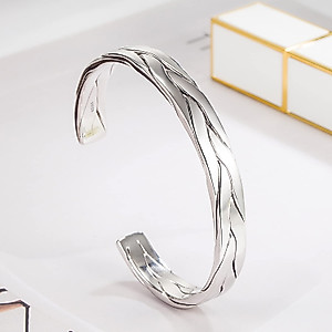 Fashion Men & Women 925 Sterling Silver Bracelet Simple Cuff Bangles Couples Jewelry For Him Her Adjustable Bracelet in a Pretty Gift Box (Width 0.37 inches, Adjustable)