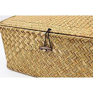 Handwoven Seagrass Storage Bins Box with Lids, Rectangular Wicker Basket Storage Basket, Shelf Baskets Set of 3