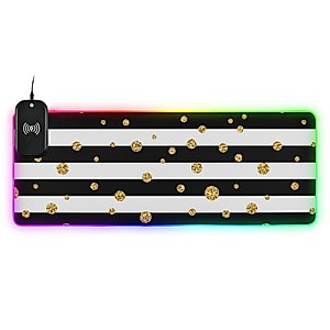 Gold Polka Dot on Lines Wireless Charging Mouse Pad for Mobile Phone Extra Large Gaming Mousepad with 13 Lighting Modes Keyboard Mat for MacBook PC Laptop Desk Office Home Gaming