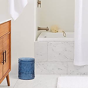5PCs Dark Blue Glass Bathroom Accessories Set with Decorative Pressed Pattern - Includes Hand Soap Dispenser & Tumbler & Soap Dish & Toothbrush Holder & Wastebasket
