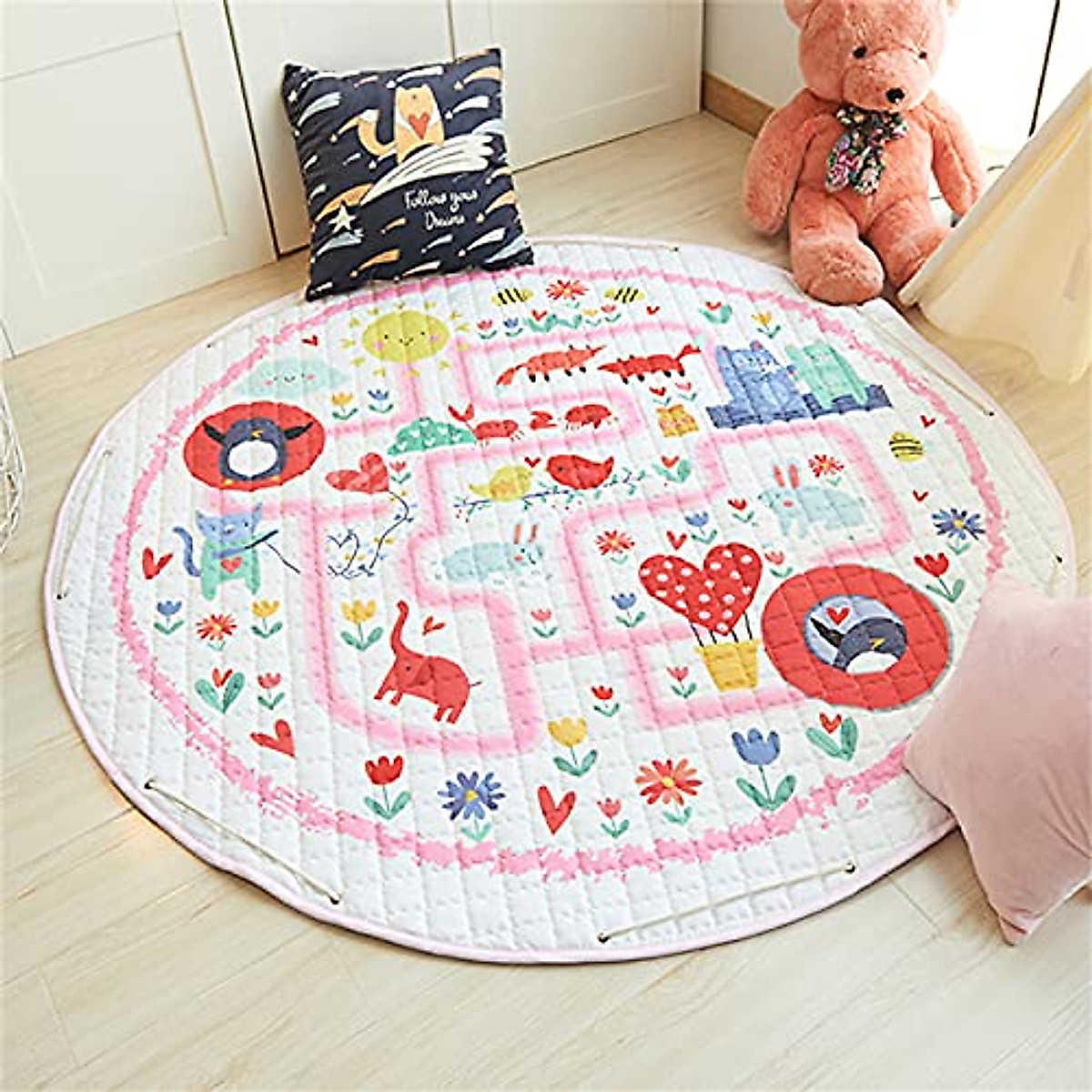 ABREEZE Baby Kids Play Mat Tummy Time Floor Mat Drawstring Toy Bag Foldable Soft and Washable Toys Storage Organizer Children Play Rugs with 59 inches Large Diameter(Pink)