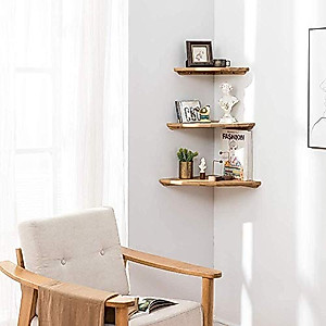 Corner Shelf, 9inch Solid Oak Wood Floating Corner Shelf Wall Mount Round End Floating Speaker Shelf with Wire Hole Display Shelf for Small Plant Photo Frame for Bedroom Kitchen, Living Room