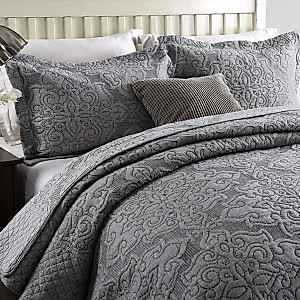 Travan 3-Piece King Quilt Set Quilted Bedspread Oversized Microfiber Lightweight Bedspread Coverlet Set with Shams Bedding Set for All Season, Grey, King
