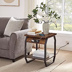 IRCPEN Side Table Set of 2, 17.3'' Square Bedside Table Nightstand Set W/Shelf, Vintage Small End Table with USB Port and Outlets for Small Spaces, Living Room, Bedroom (Brown)