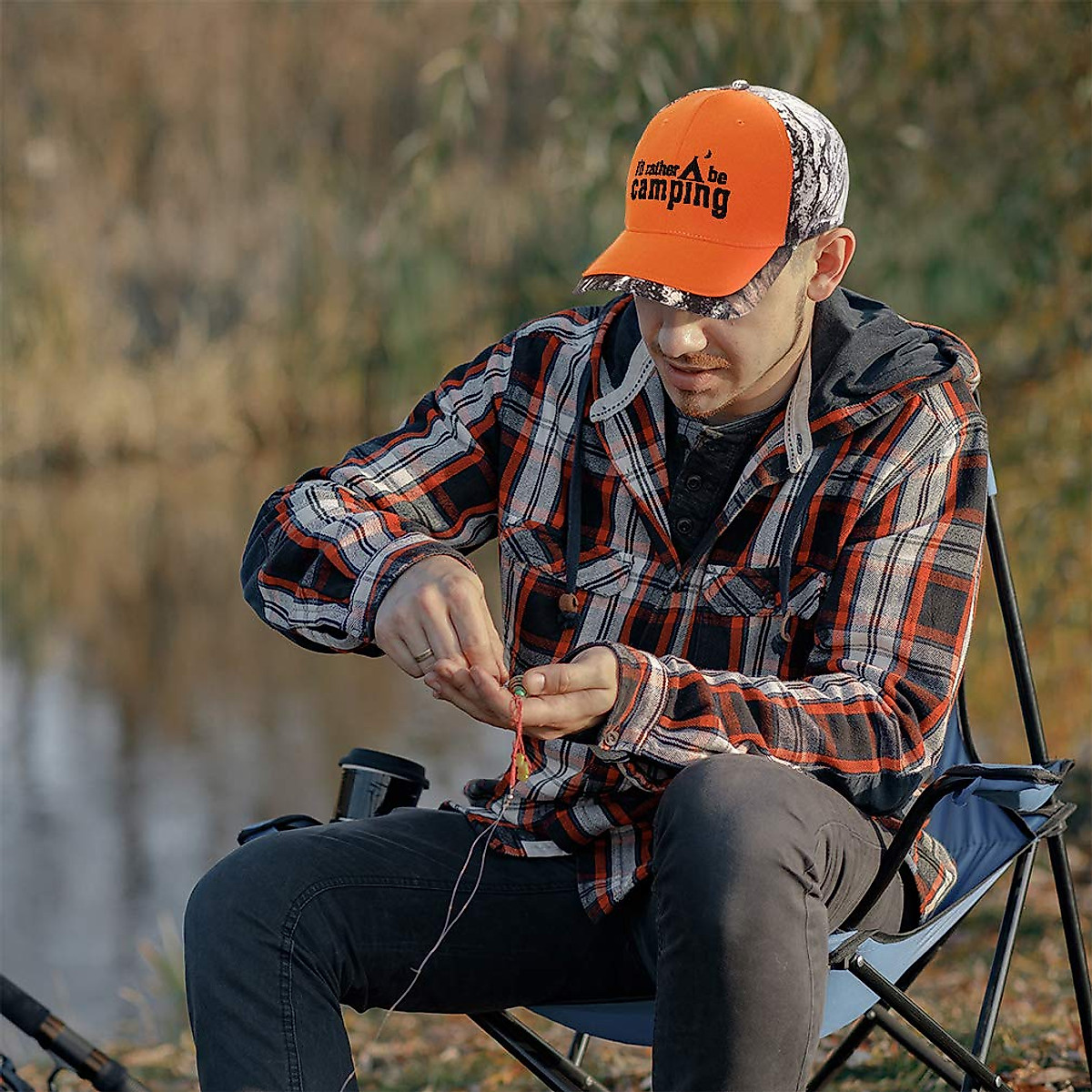 Custom Camo Baseball Cap I'd Rather Be Camping Black Embroidery Cotton Hats for Men & Women Strap Closure Gray Design Only