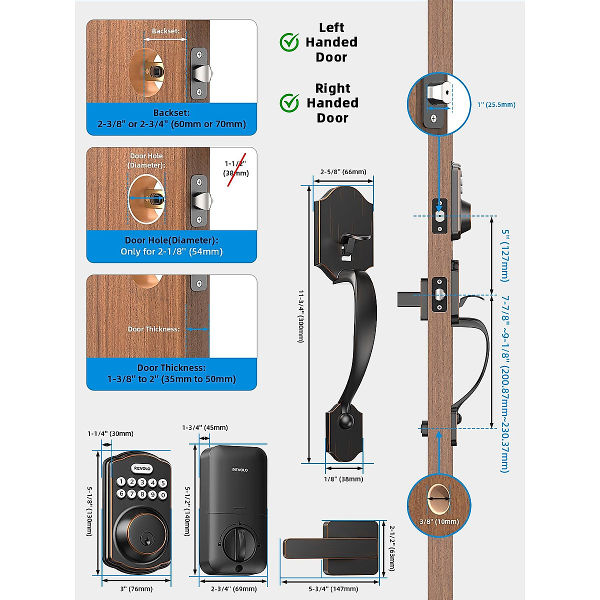 Revolo RE001 Electronic Keypad Deadbolt, Keyless Entry Door Lock, Keyed Entry, Auto Lock, Smart Lock with Handle, Front Door Handle Sets, Anti-Peeking Password, Oil-Rubbed Bronze
