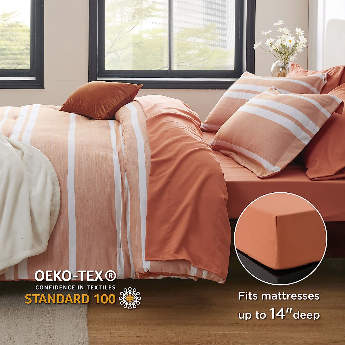 Bedsure Bed in a Bag Queen Size 7 Pieces, Burnt Orange White Striped Bedding Comforter Sets All Season Bed Set, 2 Pillow Shams, Flat Sheet, Fitted Sheet and 2 Pillowcases