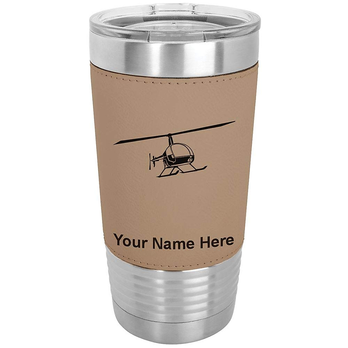 LaserGram 20oz Vacuum Insulated Tumbler Mug, Helicopter 2, Personalized Engraving Included (Faux Leather, Light Brown)