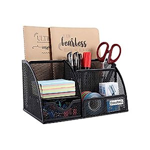 EasyPAG Desk Organizer Mesh Desktop Office Supplies Multi-functional Caddy Pen Holder Stationery with 6 Compartments and 1 Drawer for Office, Home, School, Classroom, Black