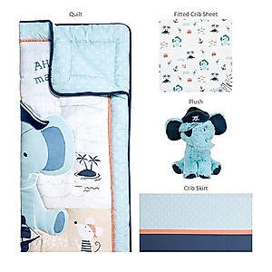 Sammy & Lou Ahoy Archie 4-Piece Baby Nursery Crib Bedding Set for Boys, Includes Quilt, Fitted Crib Sheet, Crib Skirt, and Plush Toy