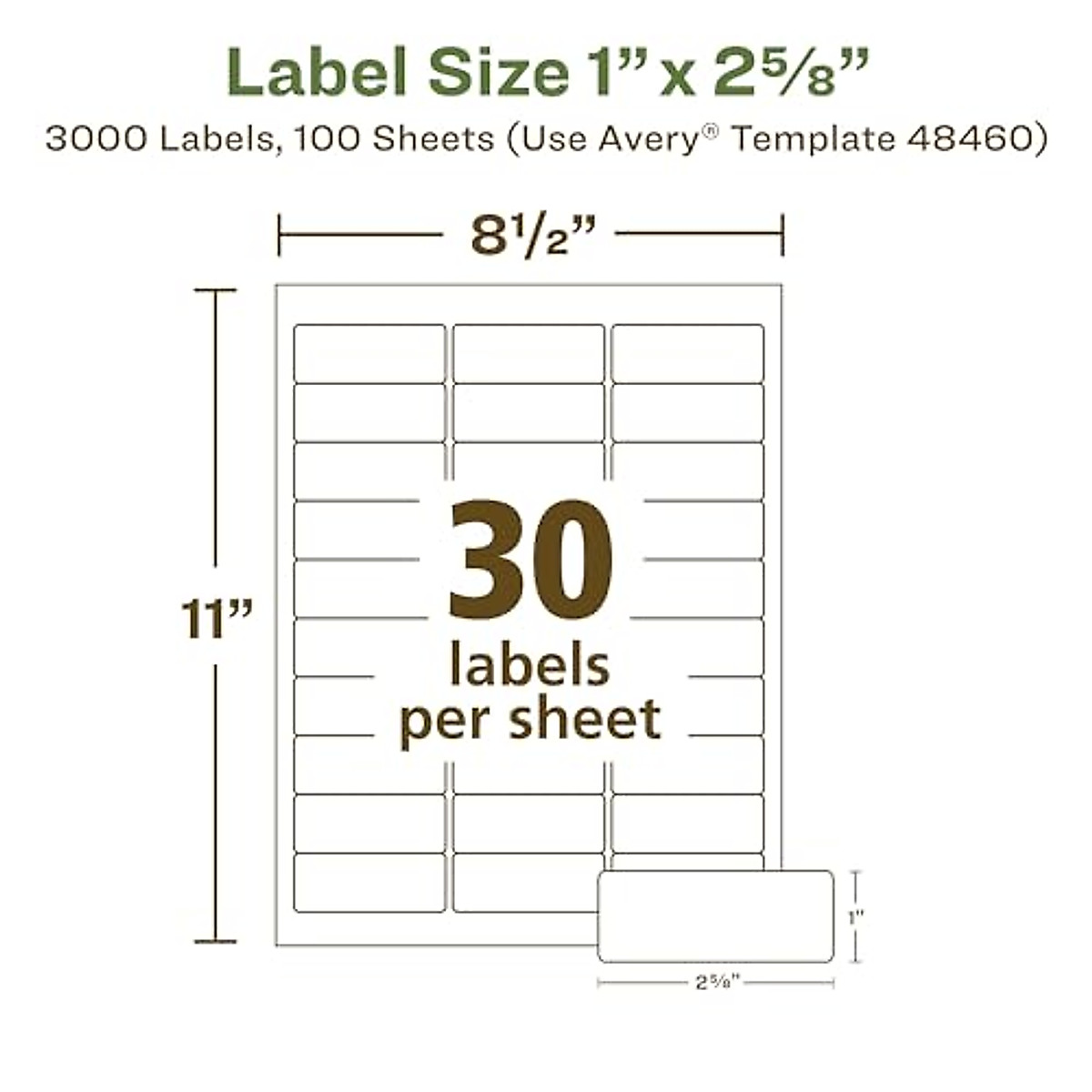 Avery EcoFriendly Recycled Address Labels, 1" x 2-5/8", White, Permanent Label Adhesive, 3,000 Printable Labels (48460)