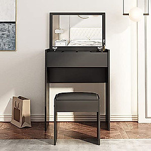 JAXPETY Vanity Makeup Table Set with Flip Top Mirror and Cushioned Stool, Makeup Dressing Table w/Organizers Jewelry Storage for Girls (Black)