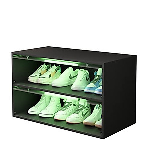 FUQIAOTEC Black Shoe Rack with 10 Colours LED Lights, Shoe Storage Cabinet for Up to 6 Pairs of Shoes, Wood Shoe Shelf with Sliding Glass Doors, Premium Shoe Box