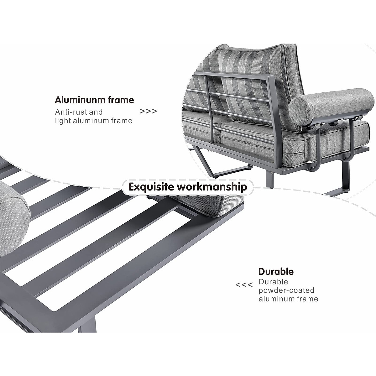 ovios Patio Furniture Set 6 Pieces Outdoor Aluminum Sofa Couch with Coffee Table Ottomans Cushions High Back Sofa All Weather Conversation Set, Black-Grey Stripe