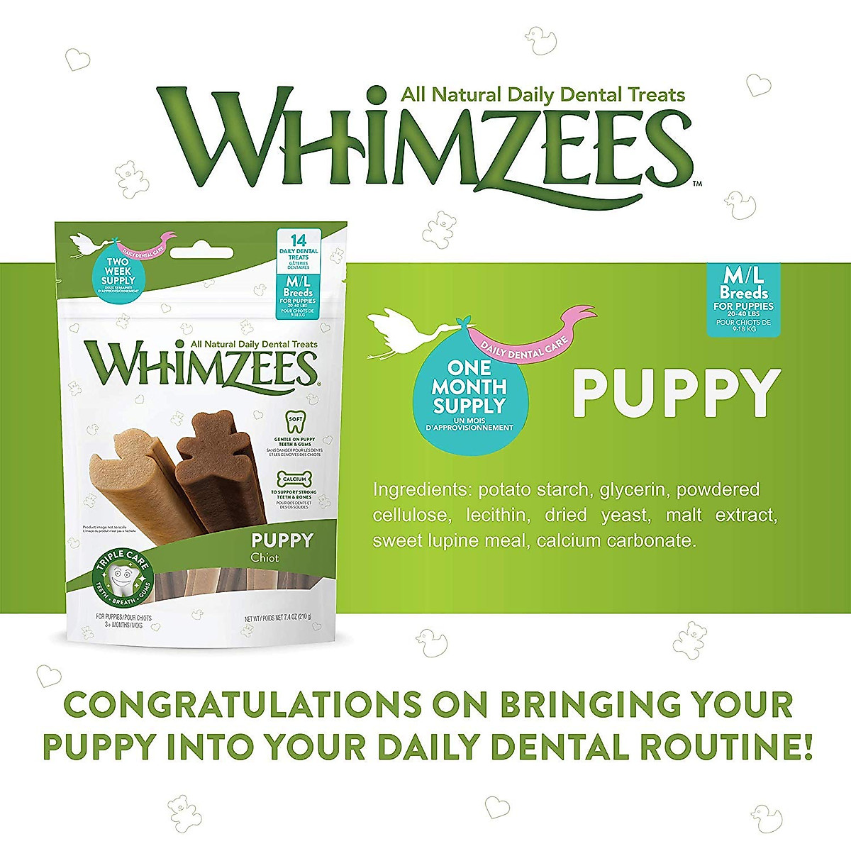 Whimzees 3 Pack of Puppy Daily Dental Treats, 14 Sticks Each, for Medium to Large Puppies
