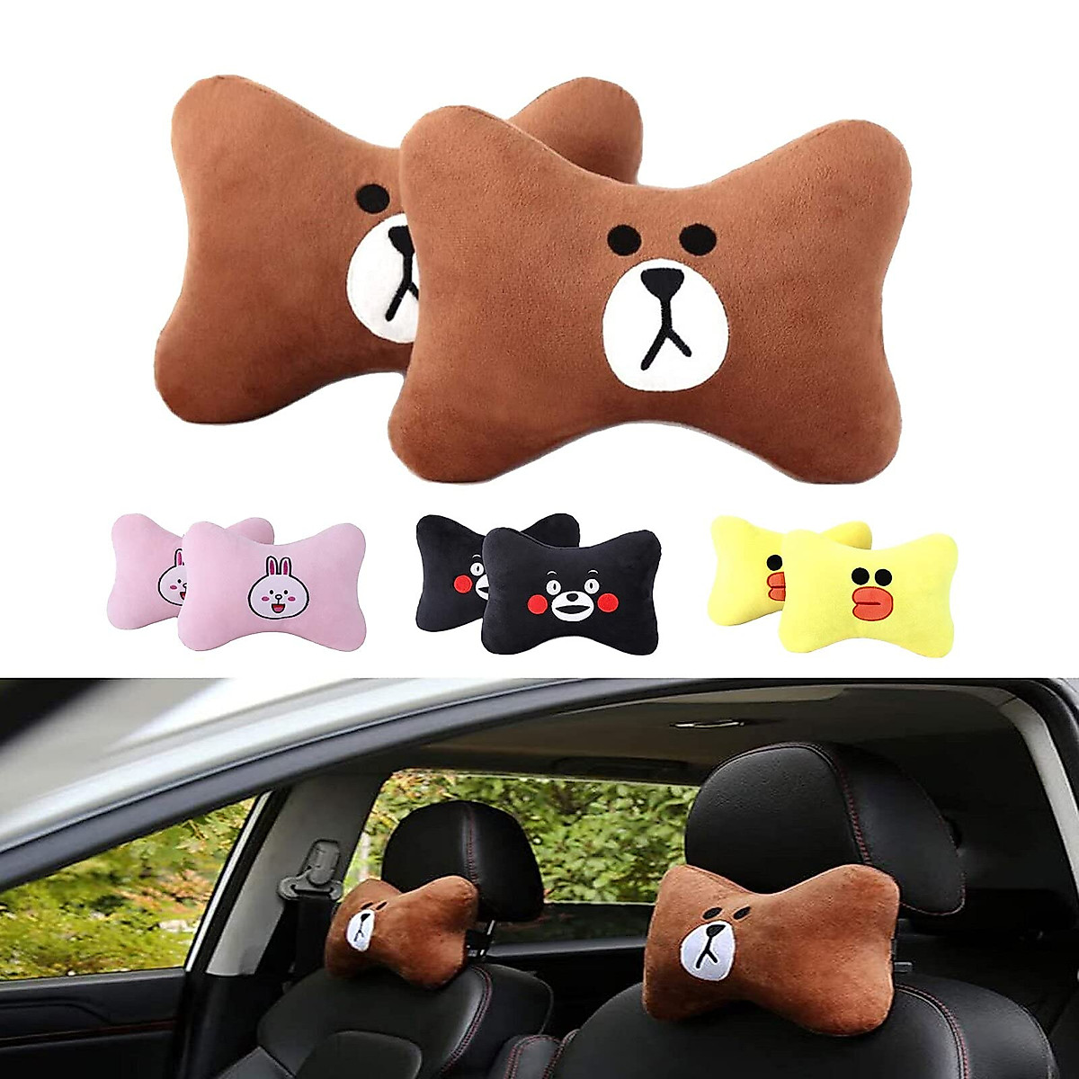 Azoepart 2PCS Car Cute Headrest Pillow Cartoon Car Neck Pillow Comfortable Soft Car Seat Plush Pillow Head Rest Cushion Universal Headrest Pillow for Travelling Car Seat and Home, Brown Bear