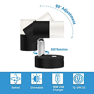 acegoo 12V LED Reading Light, RV Bedside Swivel Wall Lamp with High-Speed USB Charger, Frosted Acrylic Lampshade & Press Dimmer Switch, Black Finish,DC 12-24V Hard-Wired (Acrylic Lampshade)