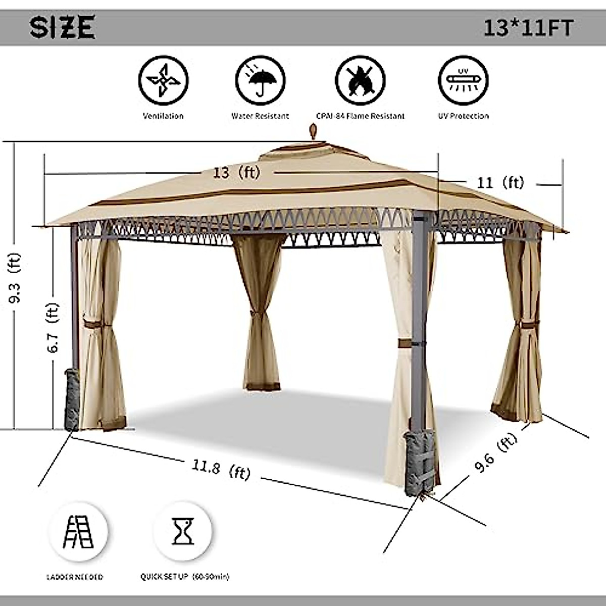 CHARMELEON 11x13 Gazebo for Patio, Gazebo with Curtains & Netting & Sandbags, Double Tier Roof with Herringbone Beam Marquee Canopy for Garden, Deck, Backyard, Lawn (Khaki)