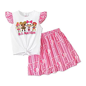 L.O.L. Surprise! Girls Skirt Set 2Pcs Kid Girl Graphic Print Tie Knot Ruffle Sleeve Cotton Tee and Allover Print Skirt Set PinkyWhite 9-10 Years