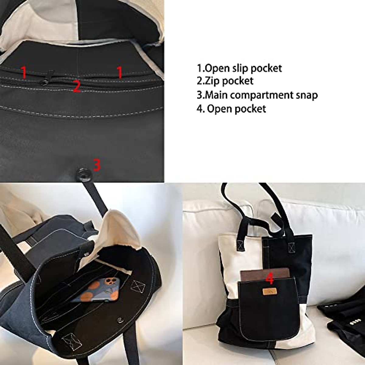 Canvas Tote Bag for Women Large Size Shoulder Handbags with Inner zipper Pockets Multicolor Casual(Black)