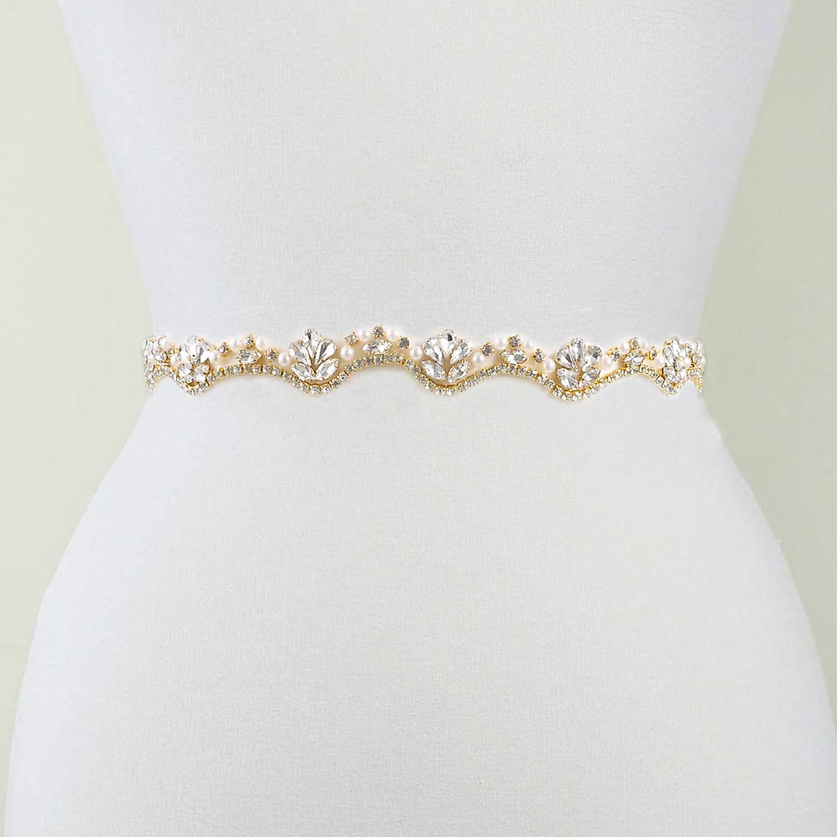 yanstar Handmade Rhinestone Belt Wedding Bridal Belt Sashes for Bridesmaid Dress (Gold-Ivory)