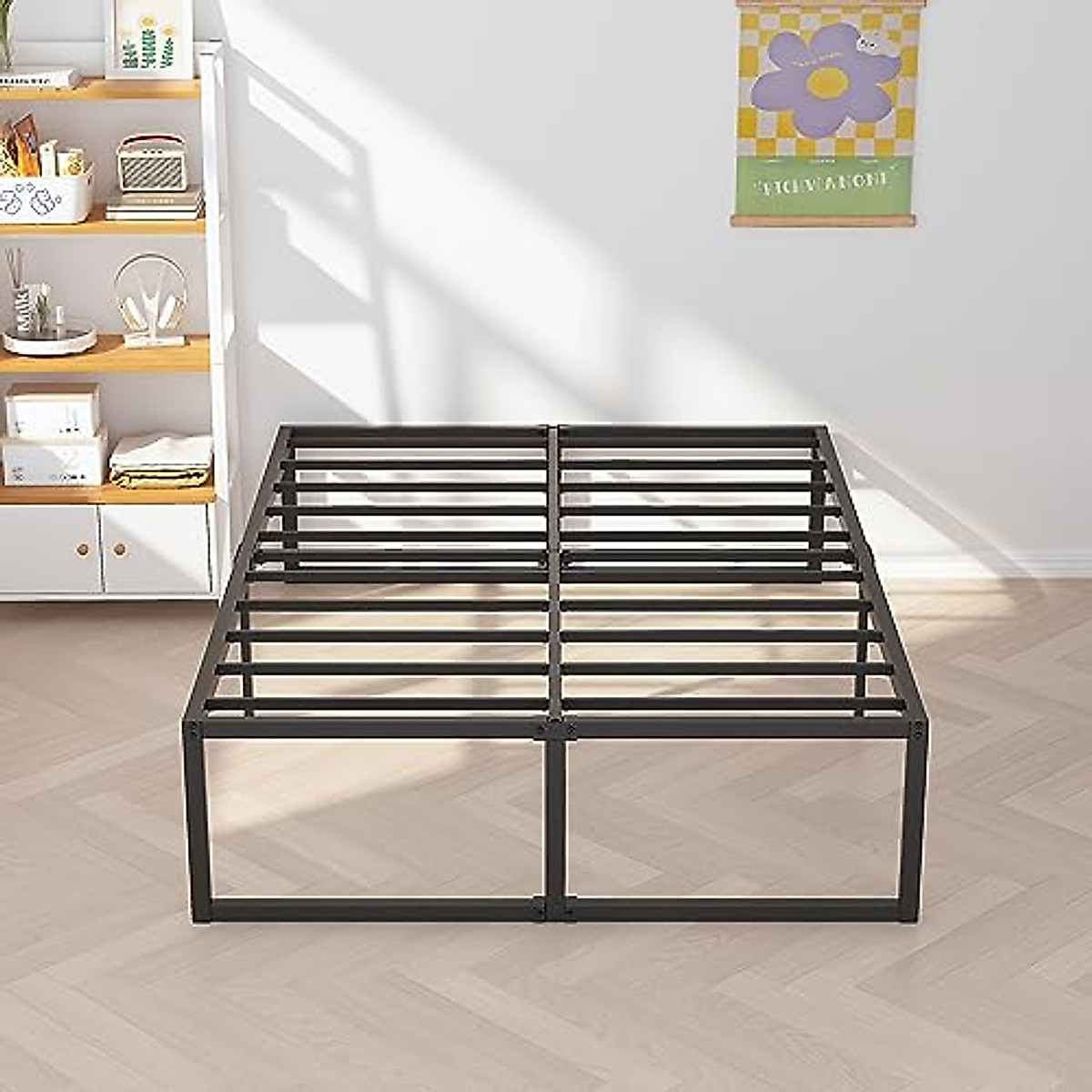 Richwanone 18 inch Full Bed Frame Metal Platform Mattress Foundation with Steel Slat Support, No Box Spring Needed, Easy Assembly, Black