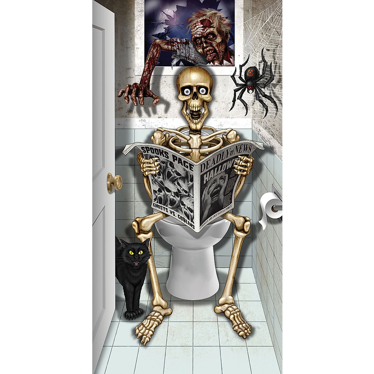 Forum Novelties 76927 Forum Bathroom Skeleton on Toilet Halloween 30" x 60" Door Cover, Multi-colour, us:one size