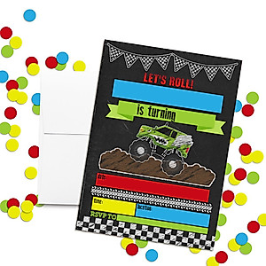 Monster Truck Chalkboard Birthday Party Invitations, 20 5x7 Fill In Cards with Twenty White Envelopes by AmandaCreation