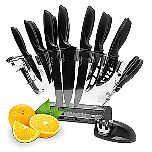 NutriChef 17 Piece Kitchen Knife Set - Stainless Steel Kitchen Precision Knives Set w/ 6 Steak Knives & Bonus Sharpener, Scissors, Peeler, Acrylic Block Stand - Slicing, Chopping, Dicing - NCKNS17