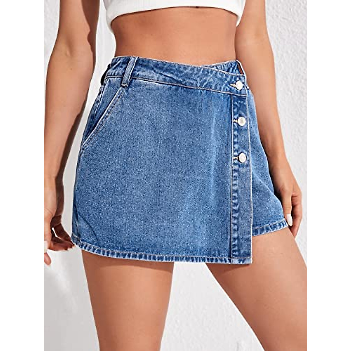 WDIRARA Women's High Waisted Button Front Denim Skort Asymmetrical Hem Wrap Jean Skirt Shorts Medium Wash M