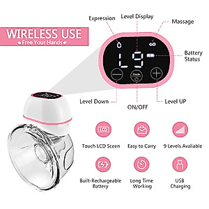 Rainyb Hands Free Breast Pump Electric Portable Breast Pump Quiet Strong Suction Power 3 Modes & 9 Levels Touch Panel High Definition Display, Come with 19mm /21mm /24mm Flanges