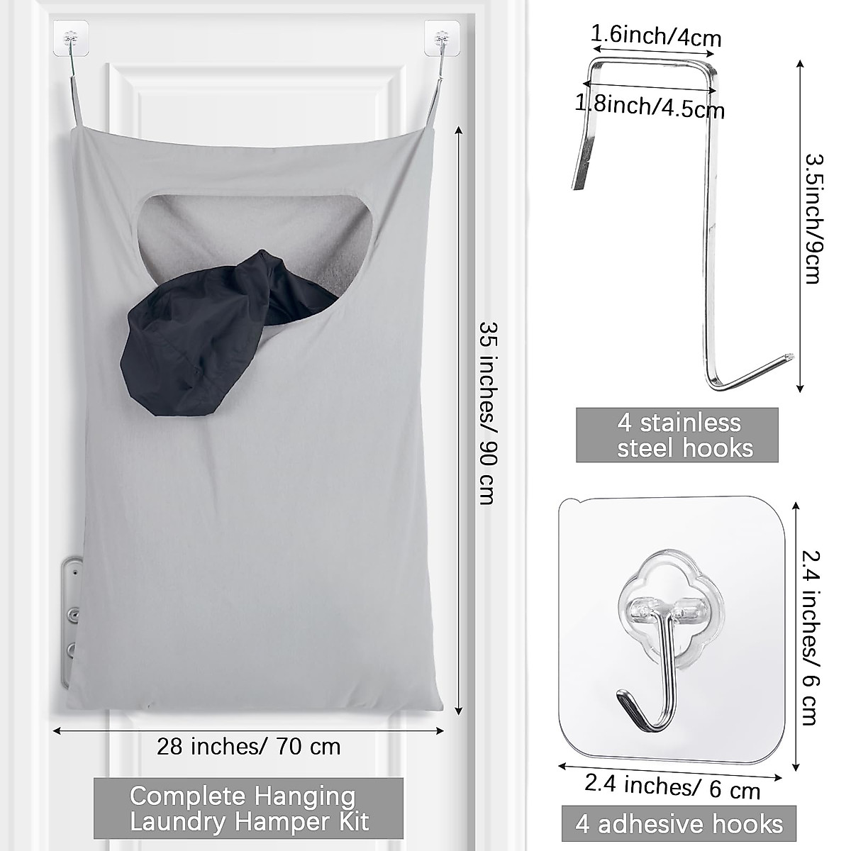 Wovnet 2 Pcs Large Hanging Laundry Hamper Bag 28 x 35 in over the Door Hamper Space Saving Hanging Laundry Bag Hanging Laundry Basket with Hanging Hooks for Wall Dirty Clothes Storage RV Room, 2 Color