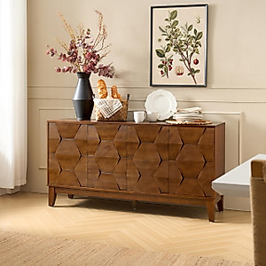 HULALA HOME Mid Century Sideboard Buffet Cabinet with Solid Wood Legs, 60" Kitchen Storage Cabinet Credenza with 4 Doors and 2 Shelves, Accent Console Table, Walnut