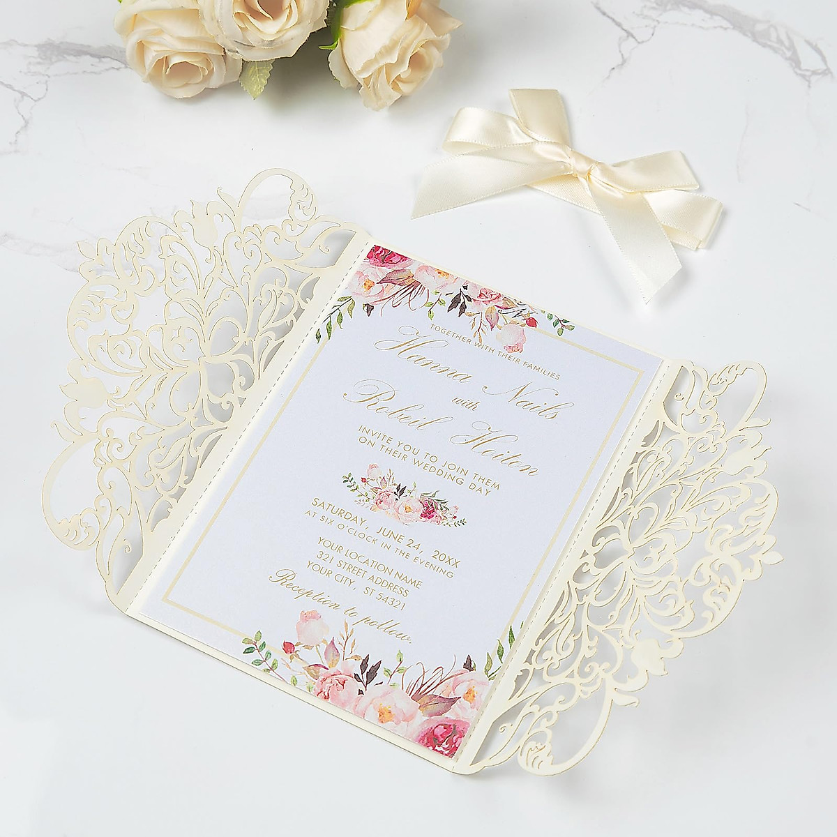 Maffily 50pcs Gold Glitter Laser Cut Invitation Pocket Blank Wedding Invitations with Envelopes And Rsvp Cards Ribbons for Wedding Quinceanera Bridal Shower Engagement Party Invite