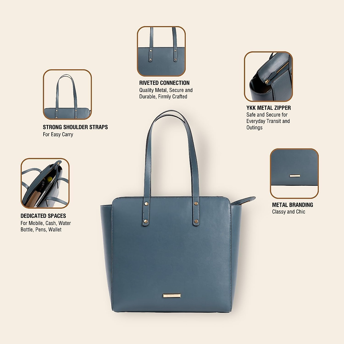 Gusto Vegan Leather Tote Bag for Women, Handbag, Large Capacity Shoulder Tote Purse for Office, Travel, Zipper Closure, Faux Leather Shoulder Bag: Blue