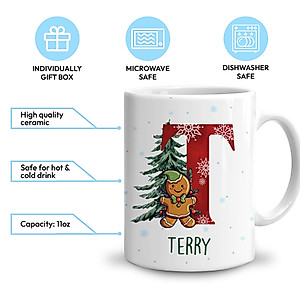 Hyturtle Personalized Gingerbread Christmas Gifts For Family - Custom Name Initial Ceramic Coffee Mug Cup 11oz - Monogram Alphabet Mug Gifts For Women, Men, Kids On Birthday, Christmas Thankgiving