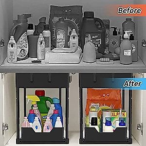 NautDuty Under Sink Organizer, Height Adjustable Under Sink Organizers And Storage, Sliding Under Bathroom Cabinet Storage Drawer Organizer with 8 Hooks, Dividers for Kitchen Bathroom Cabinet