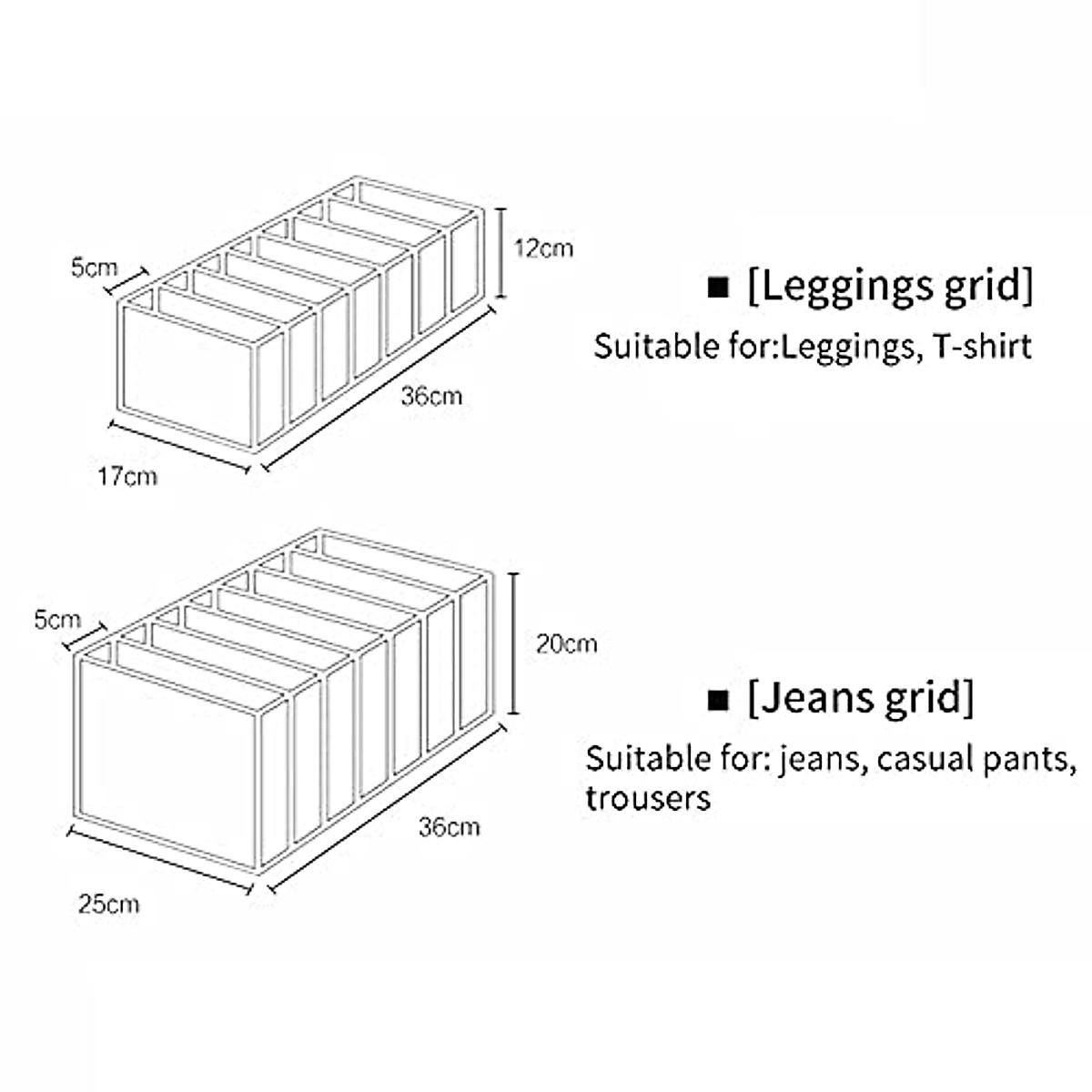 2PCS Clothes Organizer（7 Grids）Drawer Dividers for Clothes - Foldable Grid Storage Box with Multiple Layers, Portable Washable Storage Containers for Scarves, Leggings, T-shirts, Jeans (Jeans and Trousers with 7Grids, Gray)