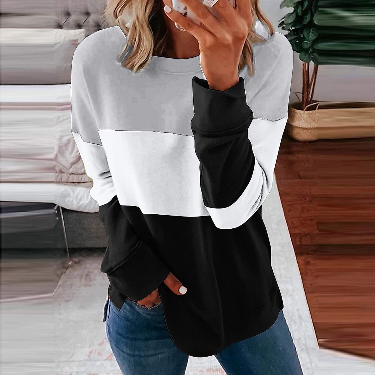 deals of the day lightning deals Long Sleeve Crewneck Tunic Shirts For Women Dressy Casual Fall Fashion Pullover Sweatshirts Color Block Sweater Tops Women Tops And Blouses Black M
